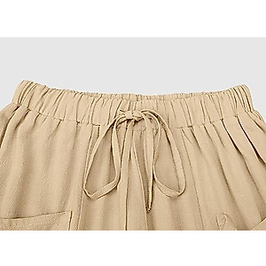 Beaully Women's Linen Pants Casual Loose High Waist Drawstring Wide Leg Capri Pants Trousers with Pockets 6094 Apricot Medium