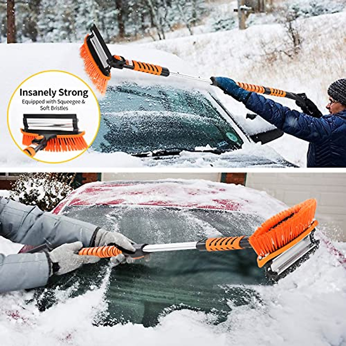 Mionyl 3in1 Car Snow Ice Scraper and Brush for Car SUV Trucks, 1x Heavy Duty 43” Extendable Snow Cleaning Brush Squeegee Broom, 1x Scratch Free Ice Snow Scraper for Car Windshield, 1x Ice Snow Shovel