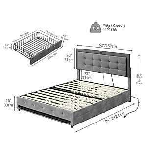 YITAHOME Queen Size LED Bed Frame, Storage Bed Frame with 4 Drawers & USB Ports, Upholstered Platform Bed with Velvet Headboard, Footboard and Built-in LED lights, No Box Spring Needed, Gray
