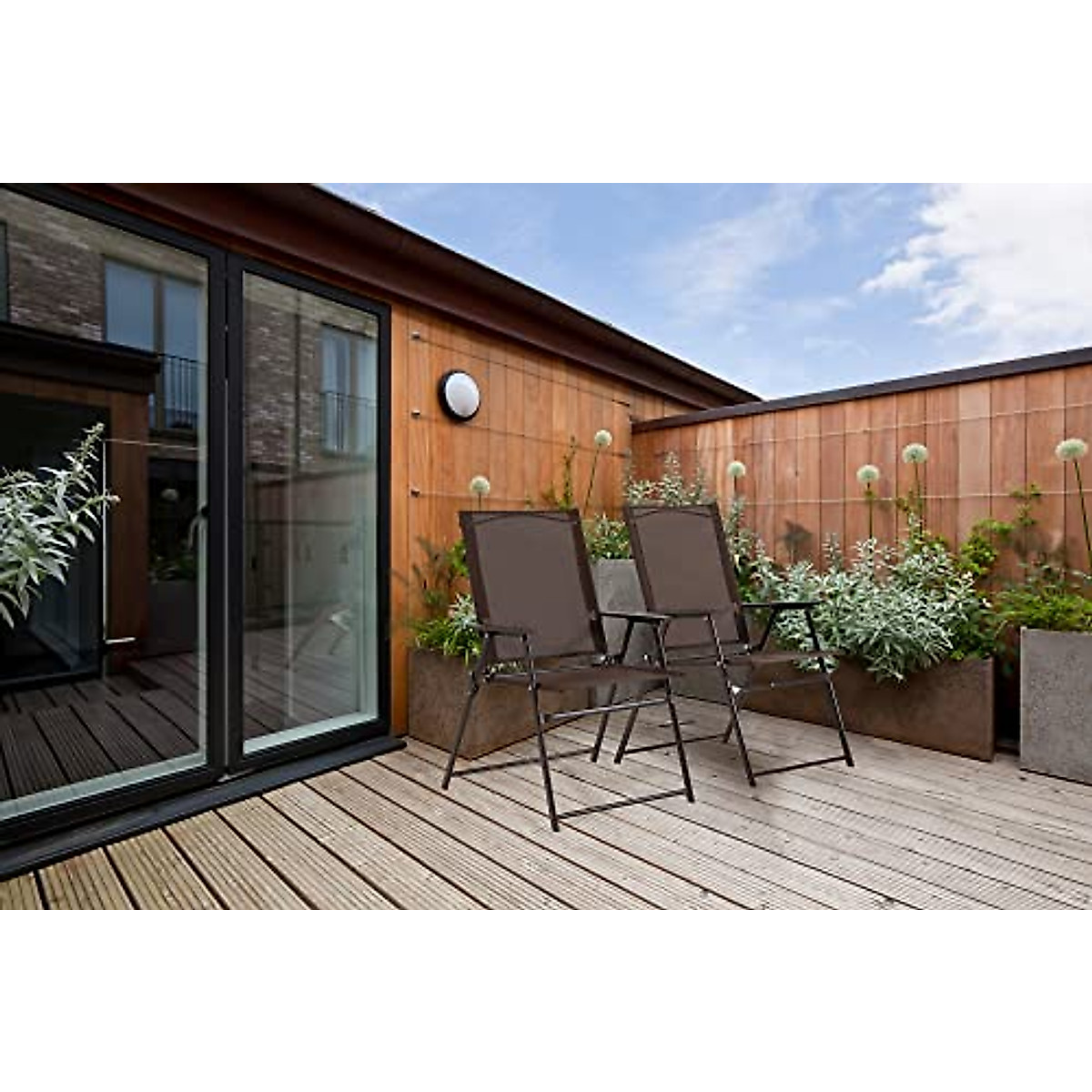 Bigroof Patio Dining Chairs Set of 2, Outdoor Portable Folding Chairs, 2-Pack Patio Chairs, Lawn Chair with Armrest and Metal Frame, Suitable for Camping Pool Beach Deck (2, Brown)