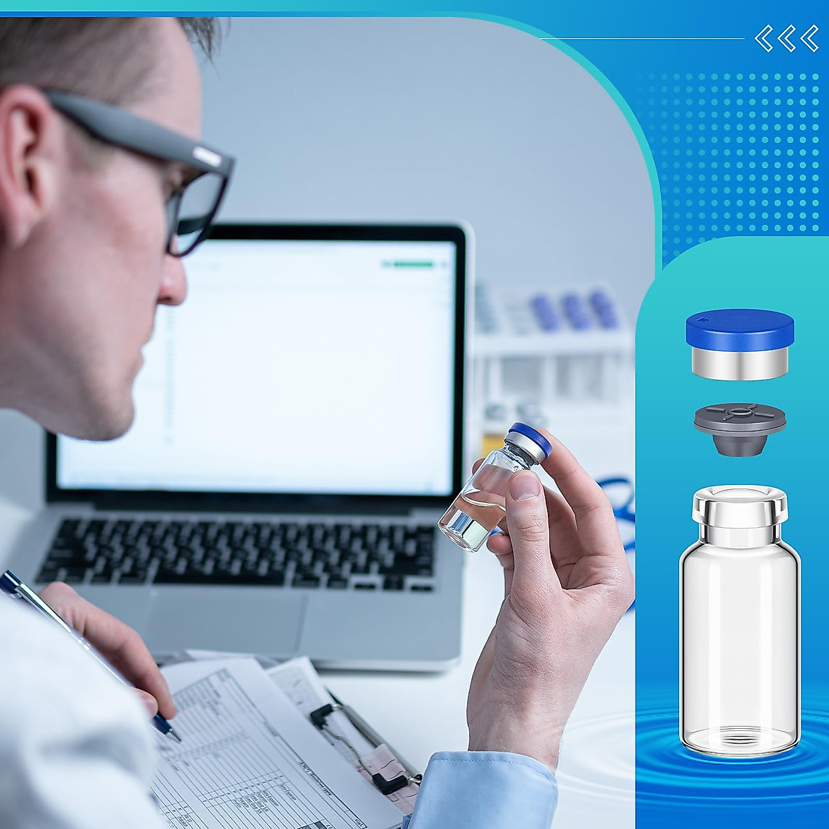 Lallisa 50 Pack Glass Vials Clear Glass Headspace Vials with Plastic-Aluminum Flip Caps and Rubber Stoppers Flat Bottom Lab Vial Sealed Sample Vials