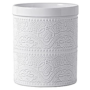 FUN ELEMENTS Kitchen Utensil Holder, 7.2" Super Large Utensil Crock Heavy and Stable Lace Emboss Ceramic Utensil Holder for Kitchen Counter (Bright White)