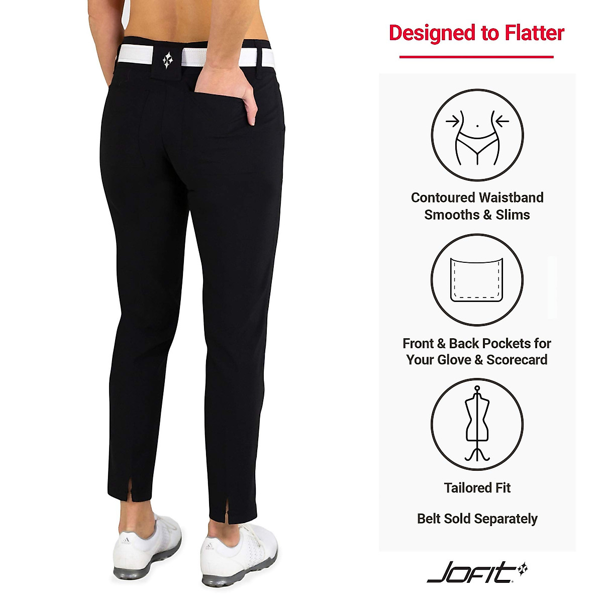 Jofit Apparel Women’s Athletic Clothing Belted Cropped Ankle Pant for Golf & Tennis, Size 12, Black