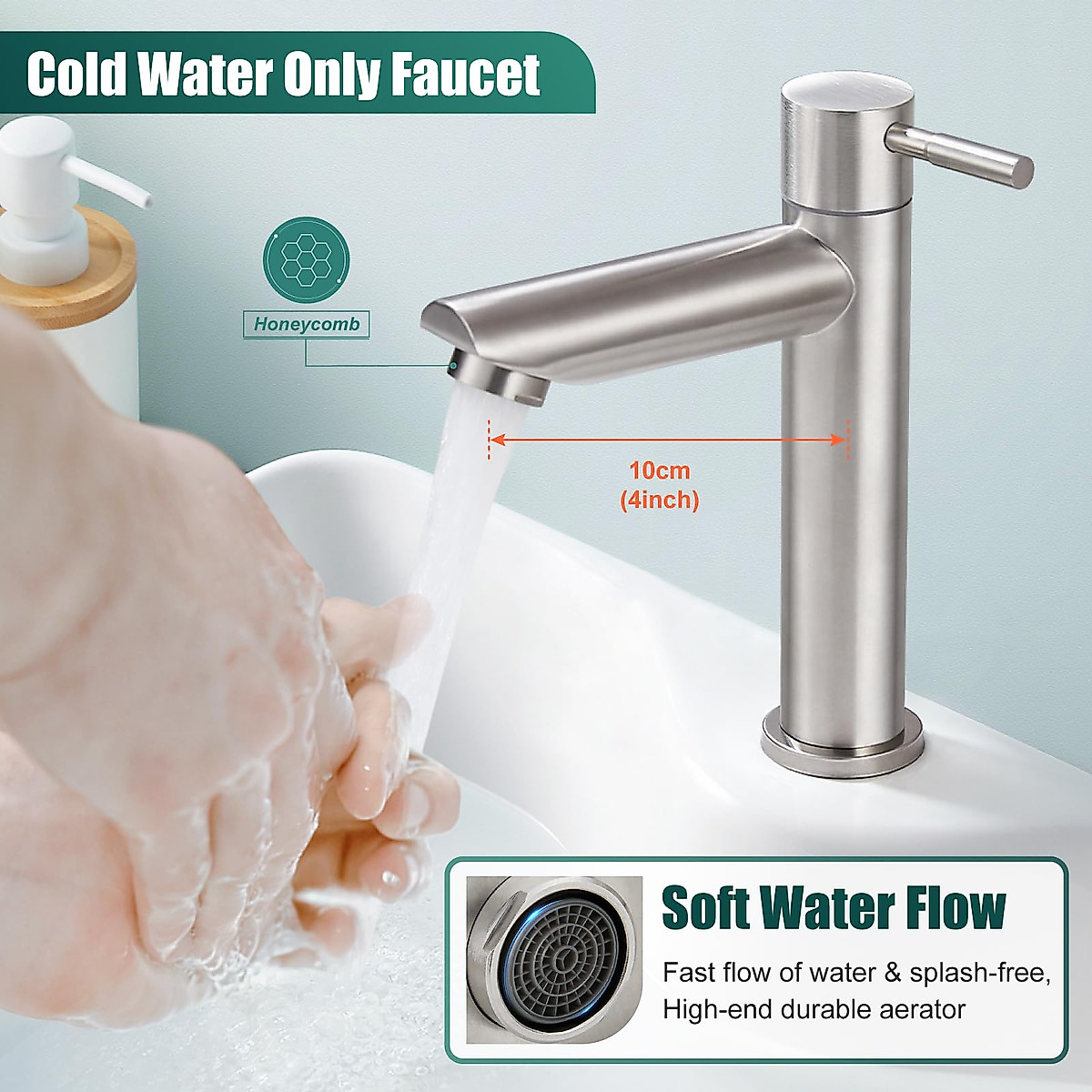 Heyalan Cold Water Only Bathroom Sink Faucet Stainless Steel SUS304 Brushed Nickel Single Handle One Hole Deck Mount Lavatory Faucet (Drain Not Included)