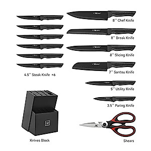 knife set, Dishwasher Safe Kitchen Knife Set with Block, 15 Pcs Black knife sets for kitchen with block Self Sharpening, 6 Steak Knives, Anti-slip handle, Black