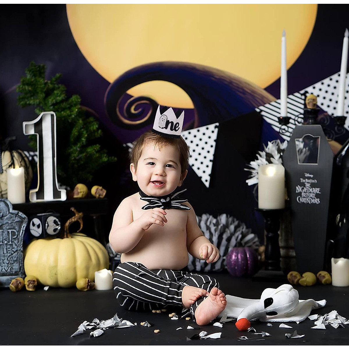 ZZDCMS Halloween First Birthday Decorations - Baby Shower Headband, Hat, Ghost Crown, Photo Booth Props and Cake Smash Backdrop