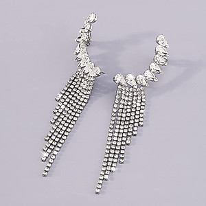 Denifery Long Tassel Dangle Earring Geometry Rhinestone Earrings Sparkling Crystal Drop Earrings for Women Girls (Silver)