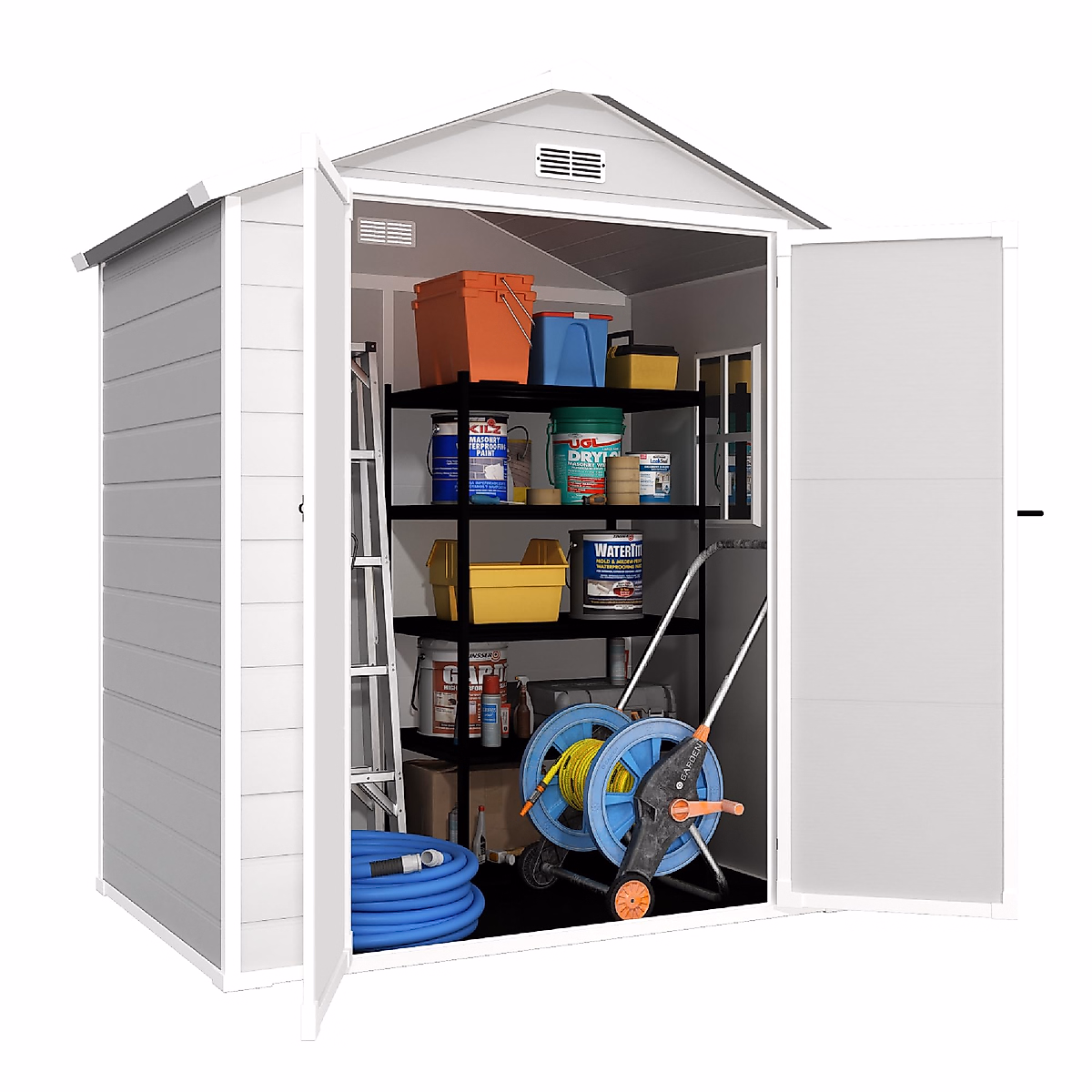 Seizeen 6x4.4ft Resin Shed with Floor, Waterproof Outdoor Plastic Garden Shed with Lockable Doors, Window & Vents, Outdoor Storage Shed for Storing Patio Furniture, Tools, Bike and Lawn Mower (Gray)