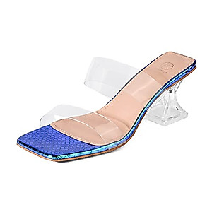 oripalla ORIPLALLA Green Clear Heels Sandals for Women Shoes Sexy Square Toe Block Heels Dress Shoes Non Slip Holographic-7.5