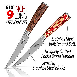 Slitzer Germany 6-Piece 9 Inch Steak Knife Set - Professional, High-Performance Serrated Knife Blades, Pakkawood Handles - Stainless Steel Hand Bolster & Butt