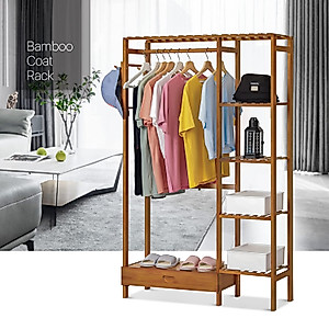 MoNiBloom Bamboo Freestanding Closet Organizer with Pants Scarves Racks and a Hanging Rob, Extra 5 Clothing Storage Shelving for Bedroom Living Room, Brown