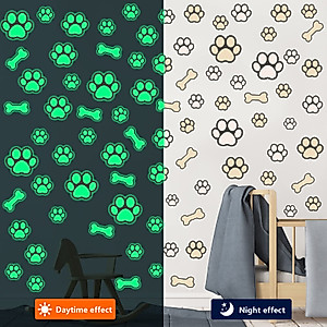 127 Pcs Dog Paw Print Stickers Glow in The Dark Wall Decals Dog Paw Print Wall Decor Dog Wall Stickers Decals Luminous Removable Vinyl Dog Paw Bone Wall Decals for Kids Nursery Bedroom (Green Light)