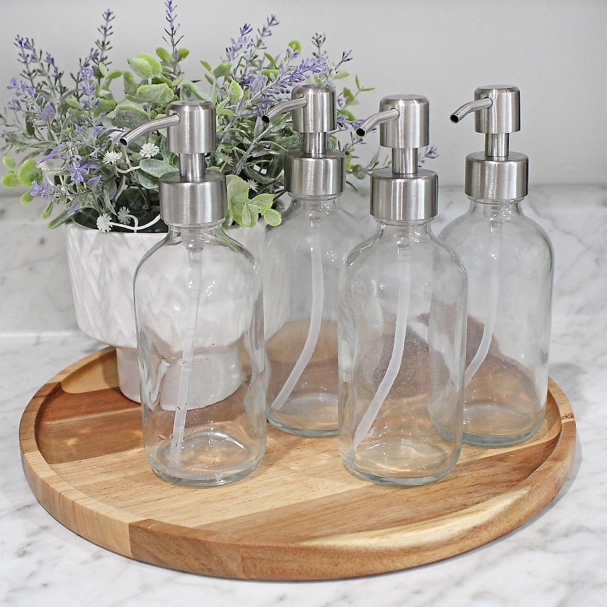 Cornucopia Brands 8-Ounce Clear Glass Boston Round Bottles w/Stainless Steel Lotion Pumps (4-Pack); Empty Refillable Liquid Soap & Lotion Bottles