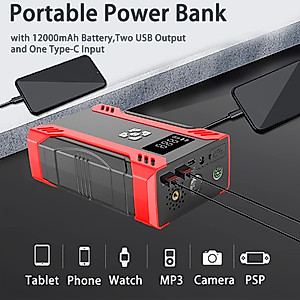 Gehopow 12V / 2000A Car Battery Jump Starter with Air Compressor for 8.0L Gas / 5.0L Diesel, Car Jump Box Battery Booster with 150PSI Tire Inflator with QC3.0 / DC12V / Compass/LED Light