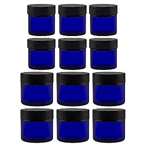Cornucopia Brands Combination 12 Pack of Cobalt Blue 1oz & 2oz Glass Cosmetic Jars, Lids Included; Refillable Containers for Creams, Lotions