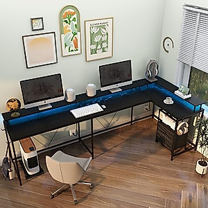 VEDECASA L Shaped Computer Desk Gaming Desk with Power Outlets & LED Light Reversible U Shaped Corner Desk Home Office with Fabric Drawers Storage Stand Monitor Riser (Black)
