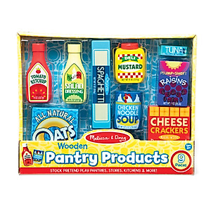 Melissa & Doug Wooden Pantry Products Play Food Set (9 pcs) - Pretend Play Kitchen Accessories, Wooden Play Grocery Sets For Kids Ages 3+