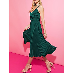 ZAFUL Womens Satin Sexy Backless Wrap V Neck Sleeveless Spaghetti Strap Pleated Flowy Party Midi Dress