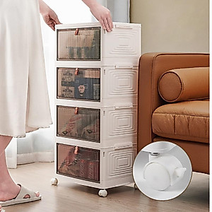 White 5 Tier Plastic Storage Bins Organizer with Lids and Wheels, 17.13 × 12.4 × 45.47 Inch Stackable Bins for Storage, 46Qt Folding Storage Boxes for Home, Dorm Room, 5th storage box (Five layers)