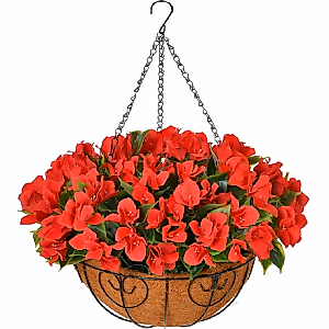 Artificial Fake Fall Hanging Flowers Plants Basket for Outdoor Autumn Decor, Faux Silk Bougainvillea Flowers in Planter Look Real UV Resistant Faux Flowers Arrangement for Porch Home Patio Garden, Red