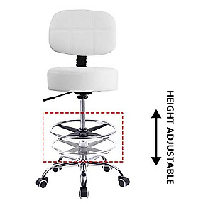 KKTONER Swivel Round Rolling Stool PU Leather with Adjustable Foot Rest Height Adjustable Task Work Drafting Chair with Back(White)