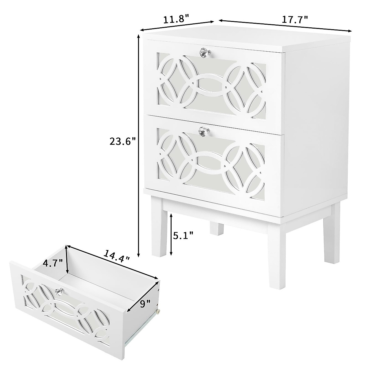 VINGLI White Nightstand Set of 2, Nightstands with Mirror Front Drawers, Bed Side Table/Night Stand, Modern Nightstand, Mirrored Nightstand with Drawer for Bedroom, Kids’ Room, Living Room, Wood