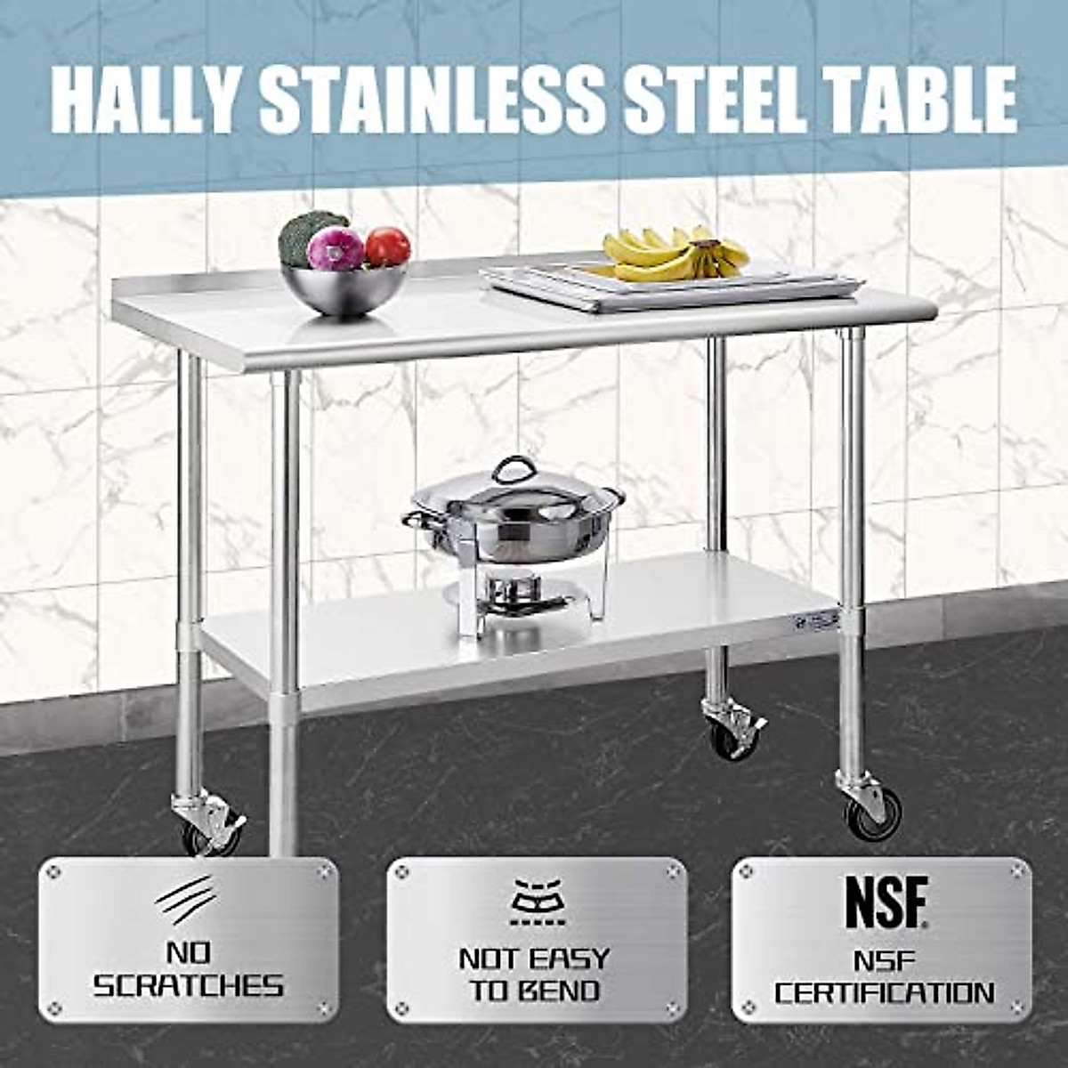 Hally Stainless Steel Table for Prep & Work 24 x 48 Inches with Caster Wheels, NSF Commercial Heavy Duty Table with Undershelf and Backsplash for Restaurant, Home and Hotel
