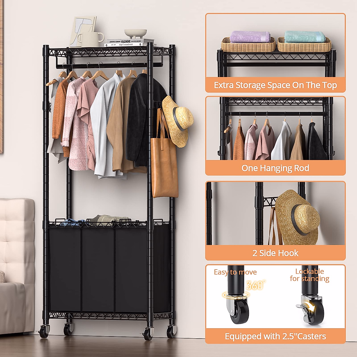 Hodonas Rolling Laundry Basket Organizer with Wheels and Hanging Bar, Laundry Hamper Cart Laundry Sorter 3 Section, Dirty Clothes Hampers for Laundry Bedroom Bathroom w/ 3 Removeable Bags, Black