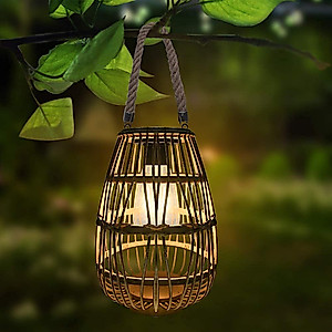pearlstar Outdoor Solar Lantern Hanging Lights Natural Rattan Solar Lantern with Handle, Waterproof Large Solar Lights Table Lamp for Yard Garden Patio Wedding Home Decoration, Edison Bulb