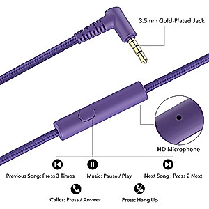 RORSOU R8 On-Ear Headphones with Microphone, Lightweight Folding Stereo Bass Headphones with 1.5M No-Tangle Cord, Portable Wired Headphones for Smartphone Tablet Computer MP3 / 4 (Pruple)