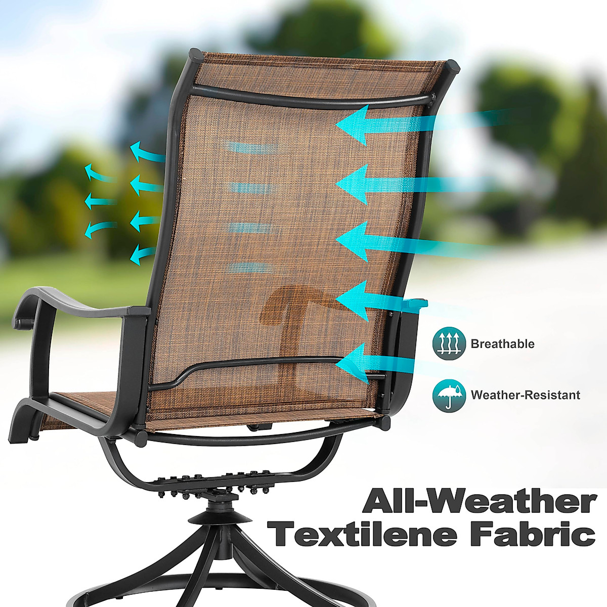 NUU GARDEN Patio Dining Chairs, Swivel Patio Sling Chairs Set of 2, All-Weather Textilene Outdoor Swivel Rocker Dining Chairs with Metal Frame for Lawn Garden Backyard, Brown