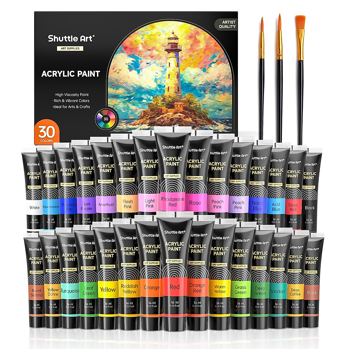 Shuttle Art 30 Colors Acrylic Paint Set, 36ml Tubes with 3 Brushes, Artist Grade Acrylic Paint, for Kids Adults Beginners, Painting on Crafts Canvas Wood Rocks