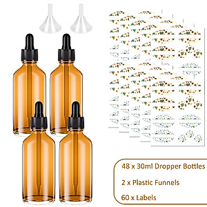 CycleMore 1oz Amber Glass Dropper Bottles 48 Pack Tincture Bottles with Eye Droppers, Two Plastic Funnels and Labels. Glass Essiential Oil Bottles for Chemistry Lab Chemicals, Perfumes & More Liquids
