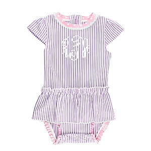RuffleButts Infant/Toddler Girls Peplum Skirt One Piece Rash Guard Swimsuit - Lilac Seersucker - 12-18m