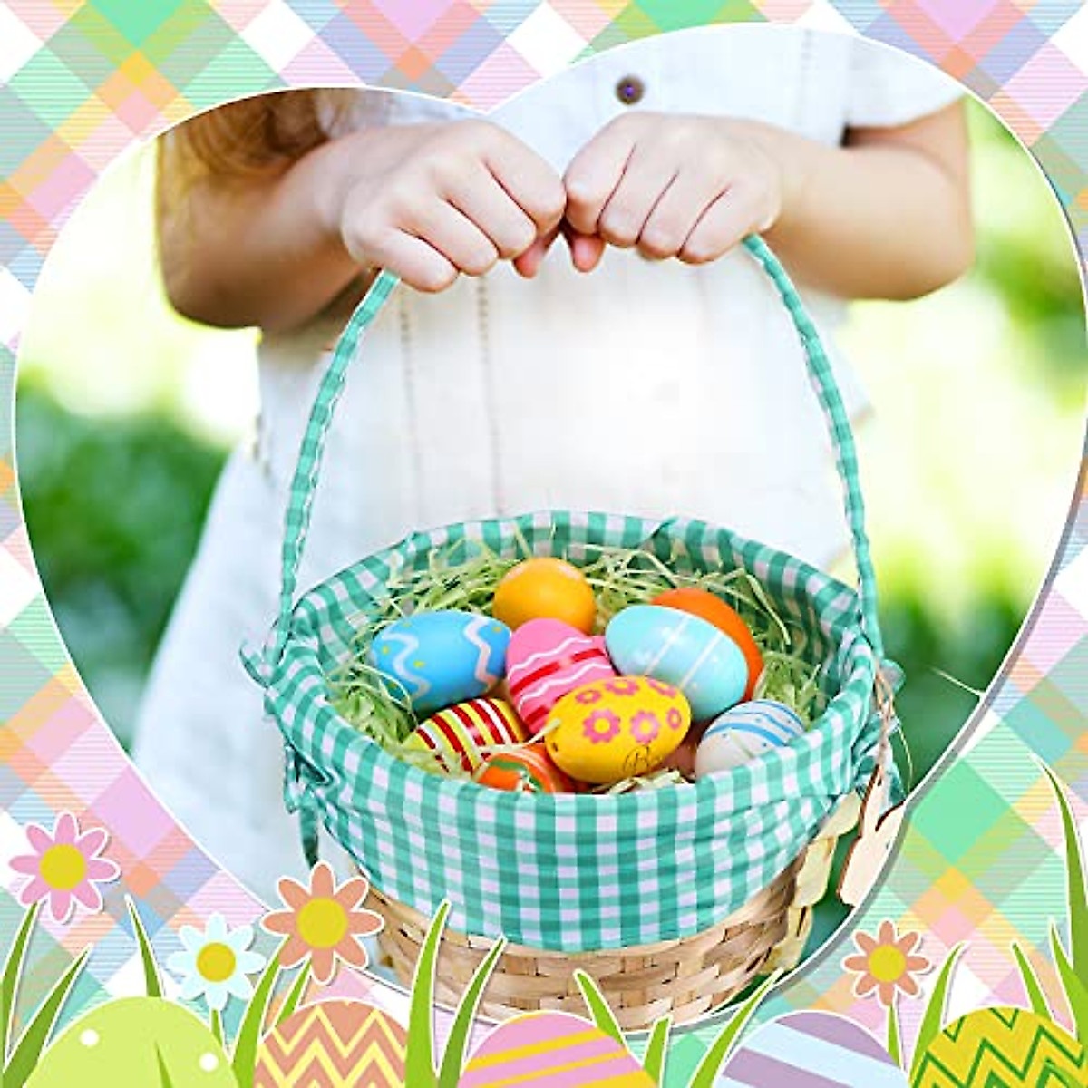 4 Pcs Easter Basket Picnic Basket Woven Basket with Handle Wooden Cute Baskets for Wood Basket Picnic Hamper Easter Eggs and Candy Basket with 4 Bags Lafite Grass 4 Pcs Rabbit Wood Chips (Plaid)