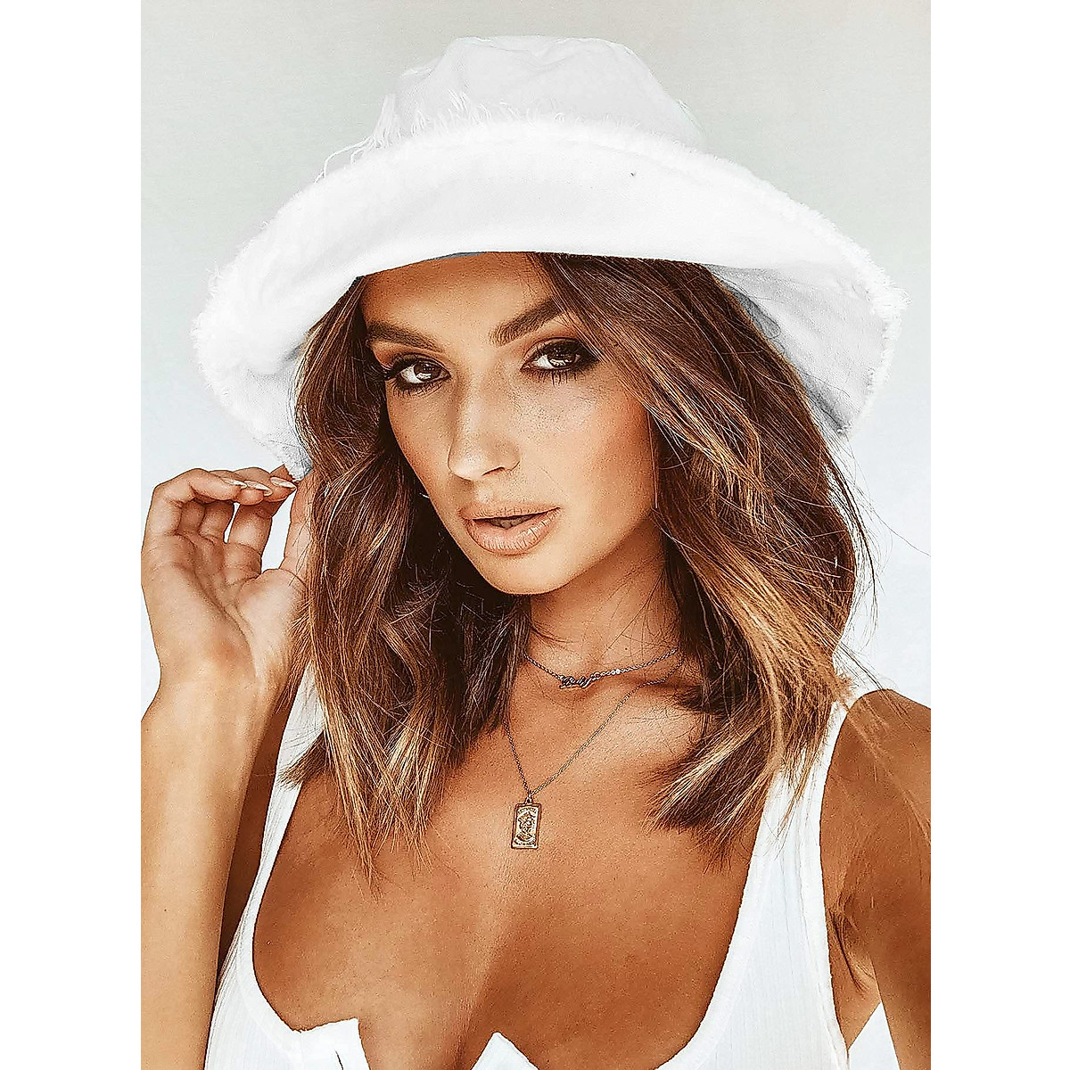 Womens Bucket-Hat Distressed Sun-Protection Washed-Cotton - Summer Wide Brim Beach Cap(7 1/8 Size) (White 01)