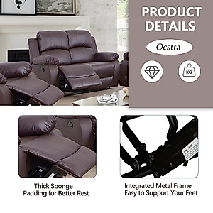 Ocstta Leather Recliner Sofa Set for Living Room Furniture Set,Recliner Sofa Set for House/Office(Leather Sofa Set 3 Pieces) Brown