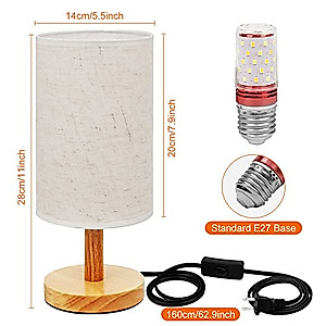 ALOTUS Table Lamp for Bedroom - 12W Bedside Lamps for Nightstand, Solid Wood Night Stand Light Lamp with Round Flaxen Fabric Shade for Living Room, Dorm, Home Office (LED Bulb Included)