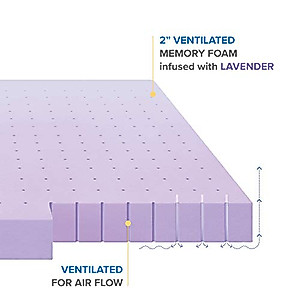 Mellow 2 Inch Ventilated Memory Foam Mattress Topper, Soothing Lavender Infusion, CertiPUR-US Certified, Queen