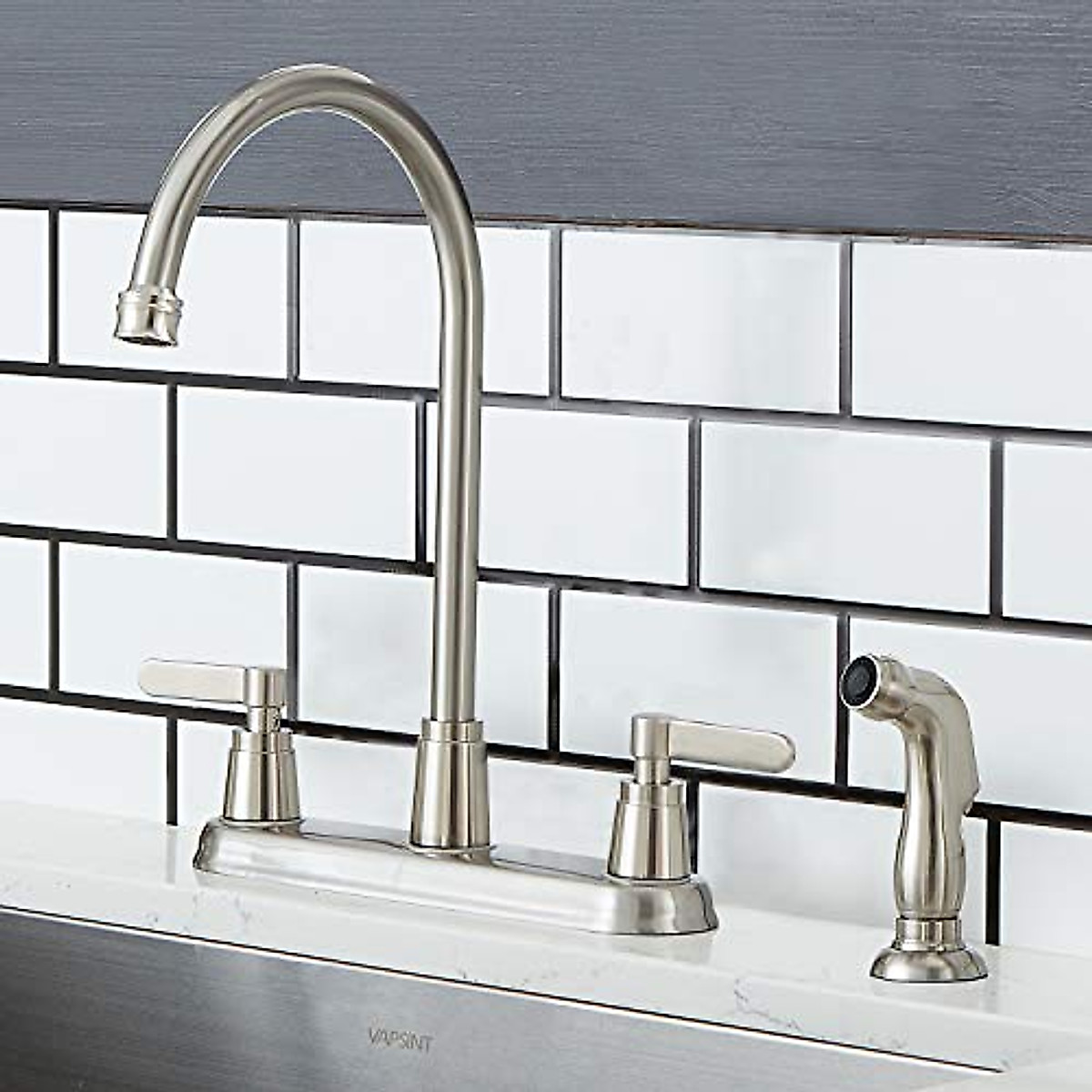 VAPSINT 4 Hole Kitchen Faucet with Sprayer,High Arc Commercial Brushed Nickel Stainless Steel Kitchen Sink Faucet 360 Degree Swivel Pullout Kitchen Faucets for Sink 3 Hole