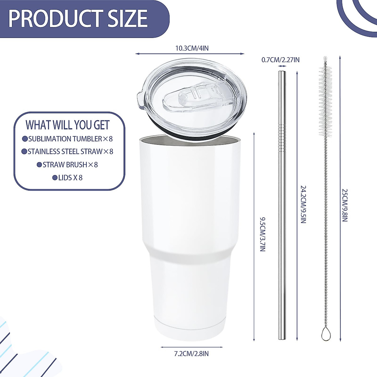 YOUKE OLA 8 Pack Sublimation Tumbler Blank White Bulk Stainless Steel Double Wall Vacuum Insulated Coffee Travel Tumbler Car Cups with Straws, 30oz