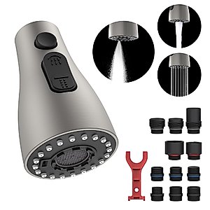 DEERFEI Pull Down Kitchen Faucet Spray Head Replacement, 3-Function Nozzle with 11 Adapters, Brushed Nickel