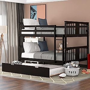 MERITLINE Bunk Bed Full Over Full Size, Wooden Full Bunk Beds with Twin Size Trundle and Ladder, Space Saving Design Bedroom Furniture (Espresso)