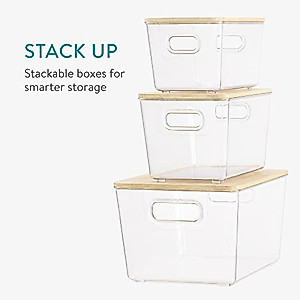 Navaris Transparent Plastic Storage Boxes with Lids - Set of 3 Clear Stackable Household Organizing Containers Bins with Bamboo Lids - S, M, L