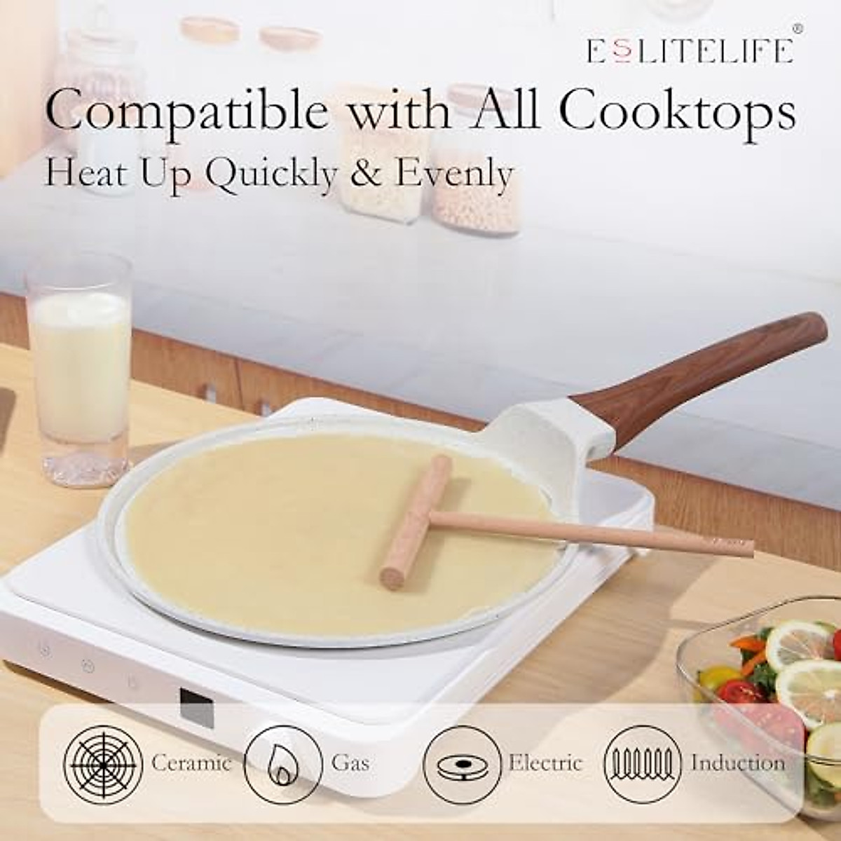 ESLITE LIFE Crepe Pan with Spreader, Nonstick Ceramic Coating Flat Skillet Tawa Dosa Tortilla Pan, PFOA Free (White, 3 Pcs Set:9.5"+11" w/spreader)