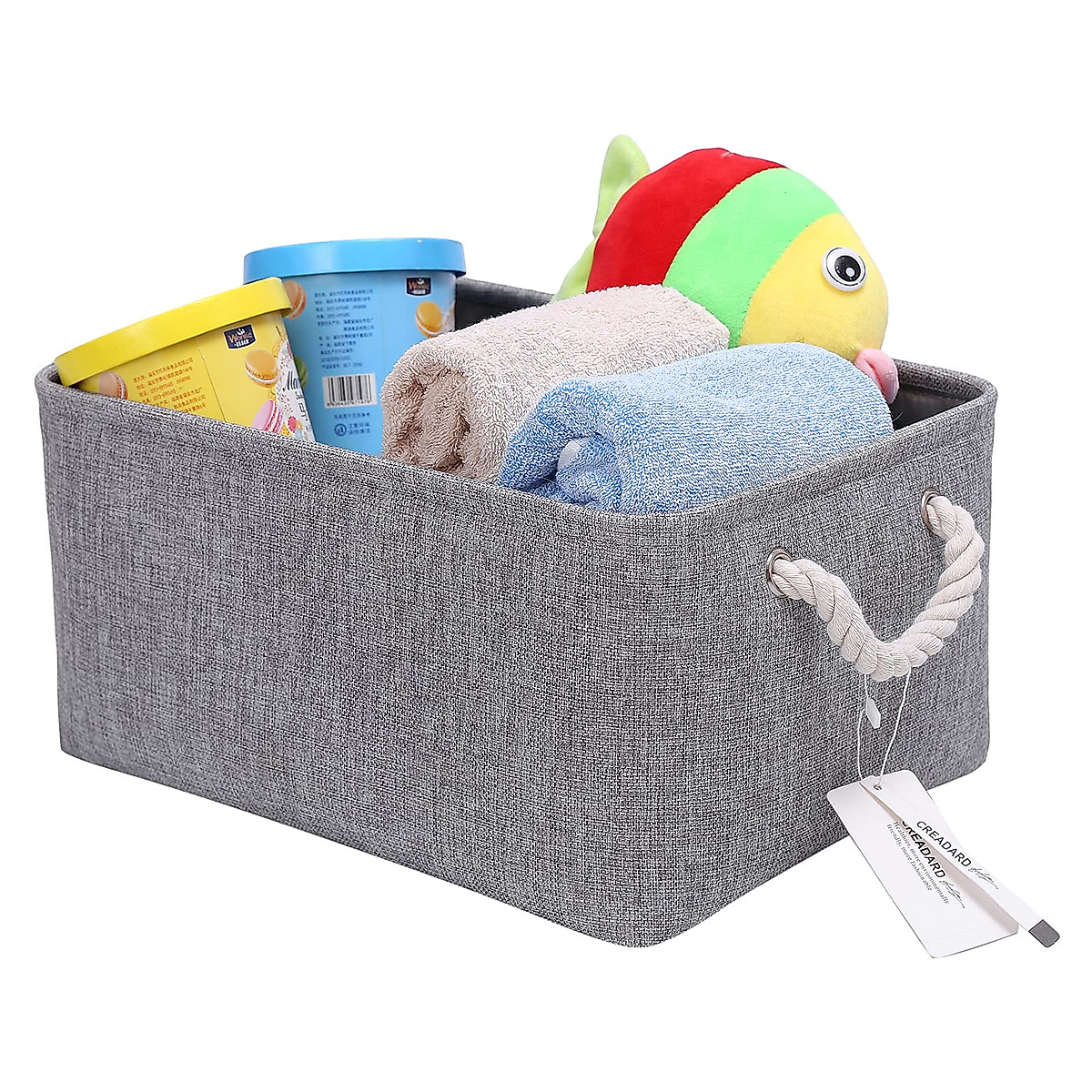 Fabric Storage Basket, Foldable Linen Storage Box for Nursery and Home, Collapsible Canvas Shelf Basket for Wardrobe or Bedroom, Grey