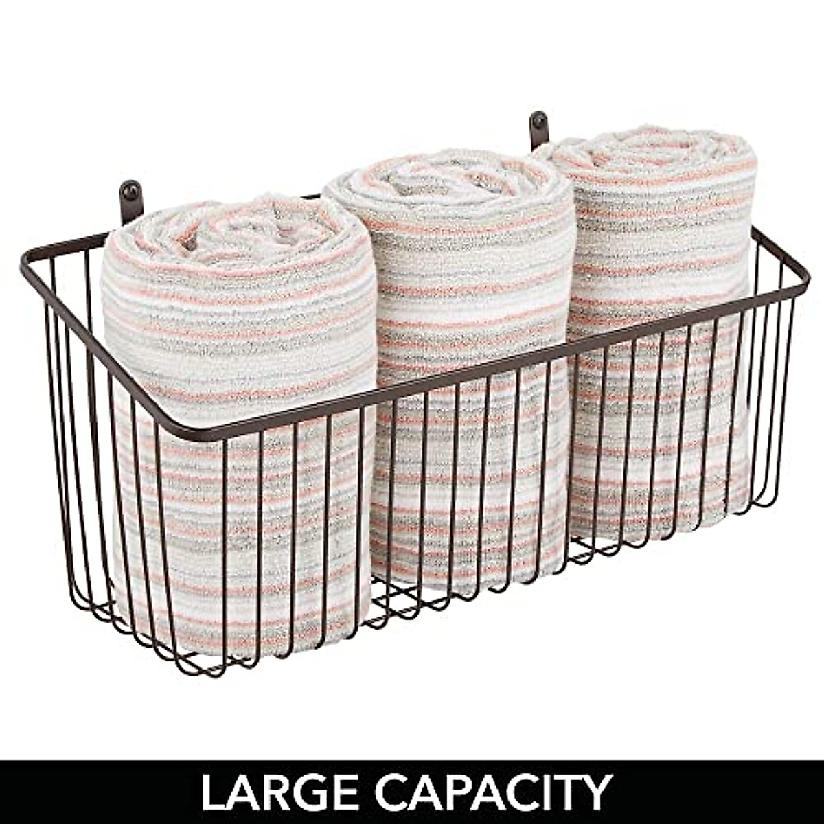 mDesign Portable Metal Farmhouse Wall Decor Angled Storage Organizer Basket Bin for Hanging in Entryway, Mudroom, Bedroom, Bathroom, Laundry Room - Wall Mount Hooks Included, Large - 2 Pack - Bronze