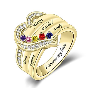 MissNaNa Personalized Mothers Rings with Simulated Birthstones Engraved 1-8 Family Names Mother's Day Rings Custom Love Heart Family Rings for Women (5 birthstone)