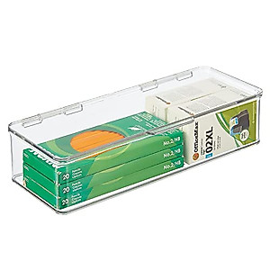 mDesign Long Plastic Home Office Storage Organizer Box Containers with Hinged Lid for Desktops - Holds Pens, Pencils, Sticky Notes, Highlighters, Staples, and Supplies - Clear