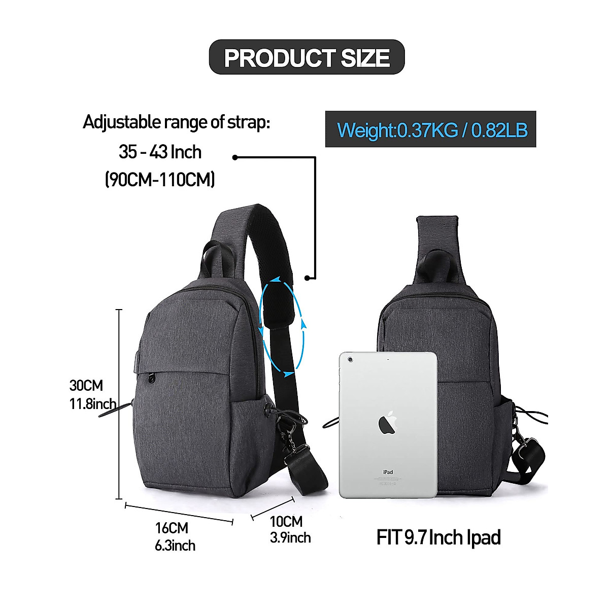 Small Black Sling Crossbody Backpack Shoulder Bag for Men Women, Lightweight One Strap Tactical Chest Backpack Sling Bag Backpack for Hiking Walking Biking Travel Cycling USB Charger Port Nylon Gray
